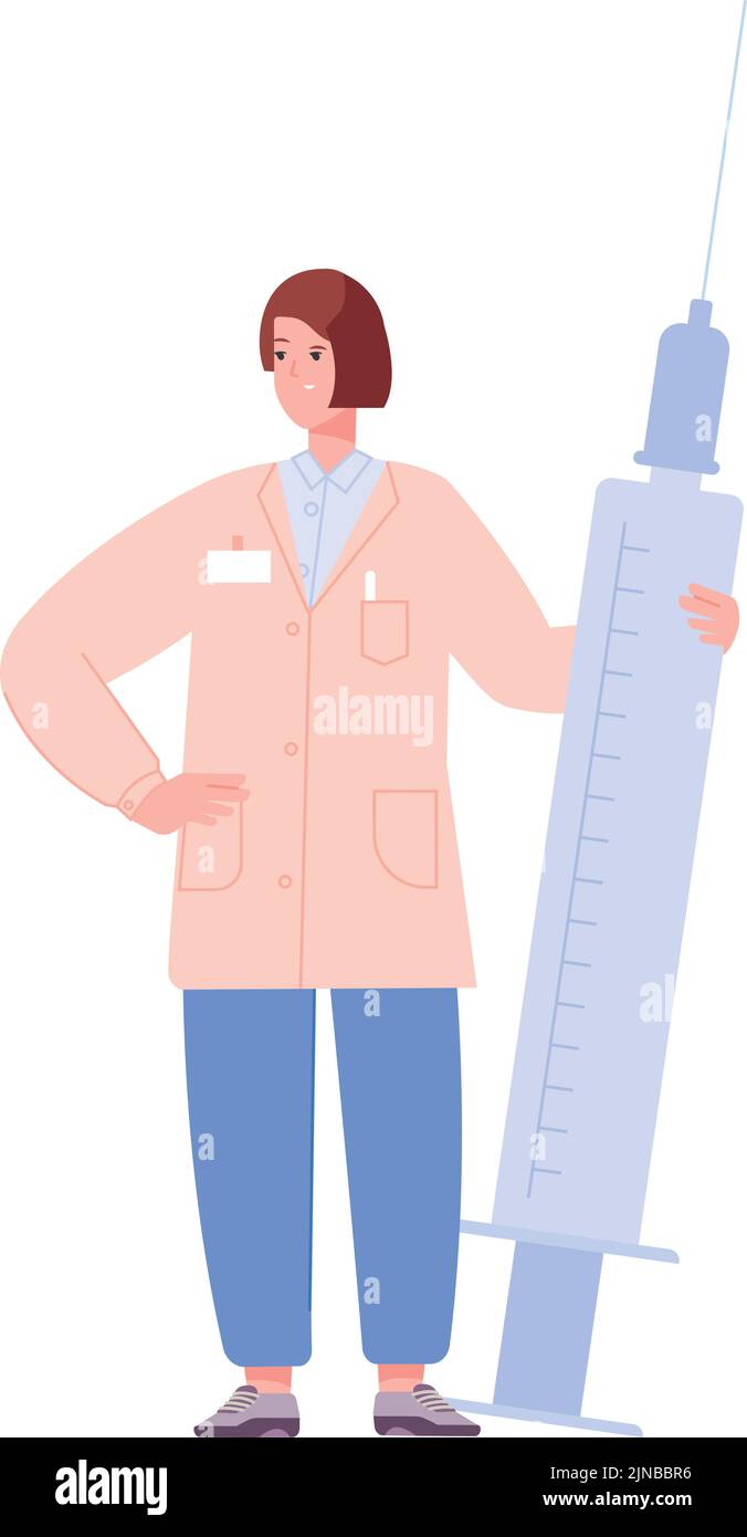 Nurse with giant syringe. Medical shot injection isolated on white ...