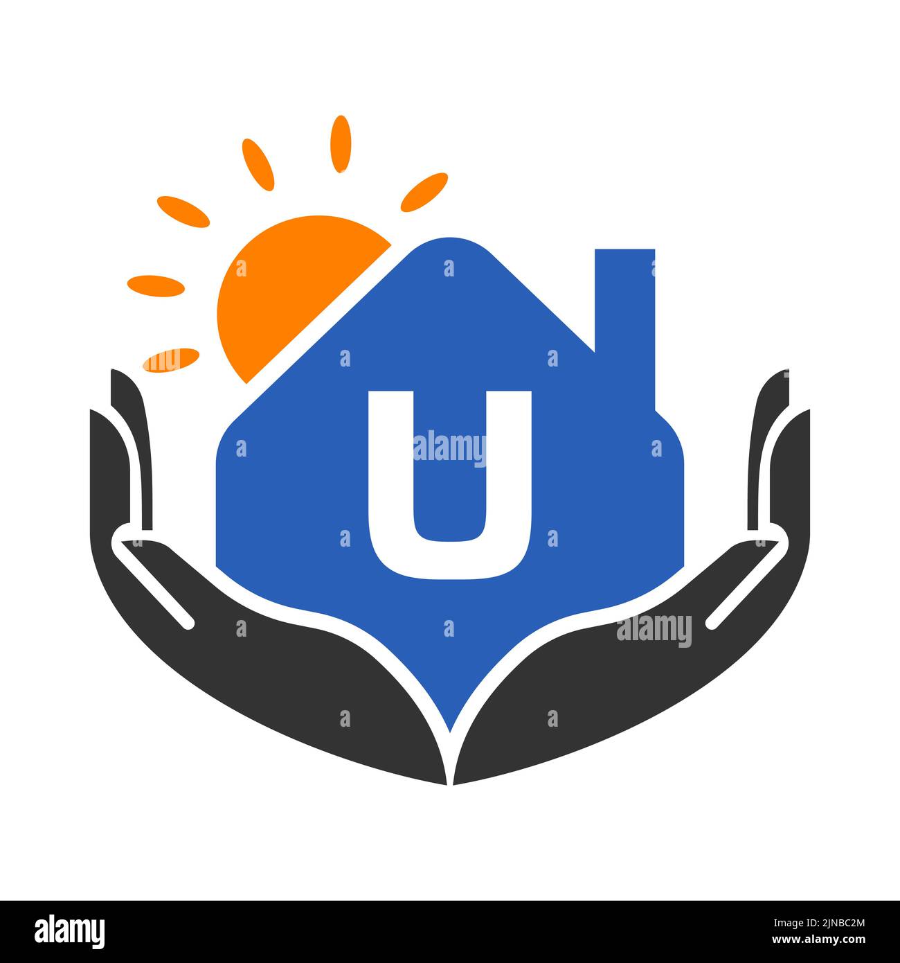 Real Estate Logo On Letter U Sign, Concept with Sun, House and Hand ...