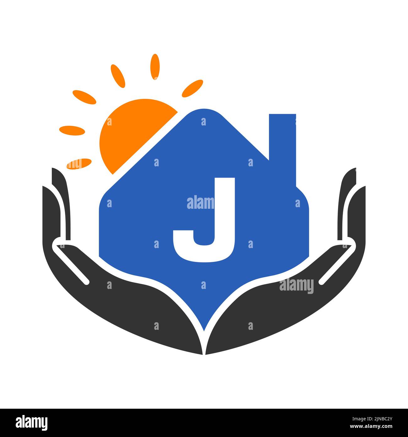 Real Estate Logo On Letter J Sign, Concept with Sun, House and Hand ...