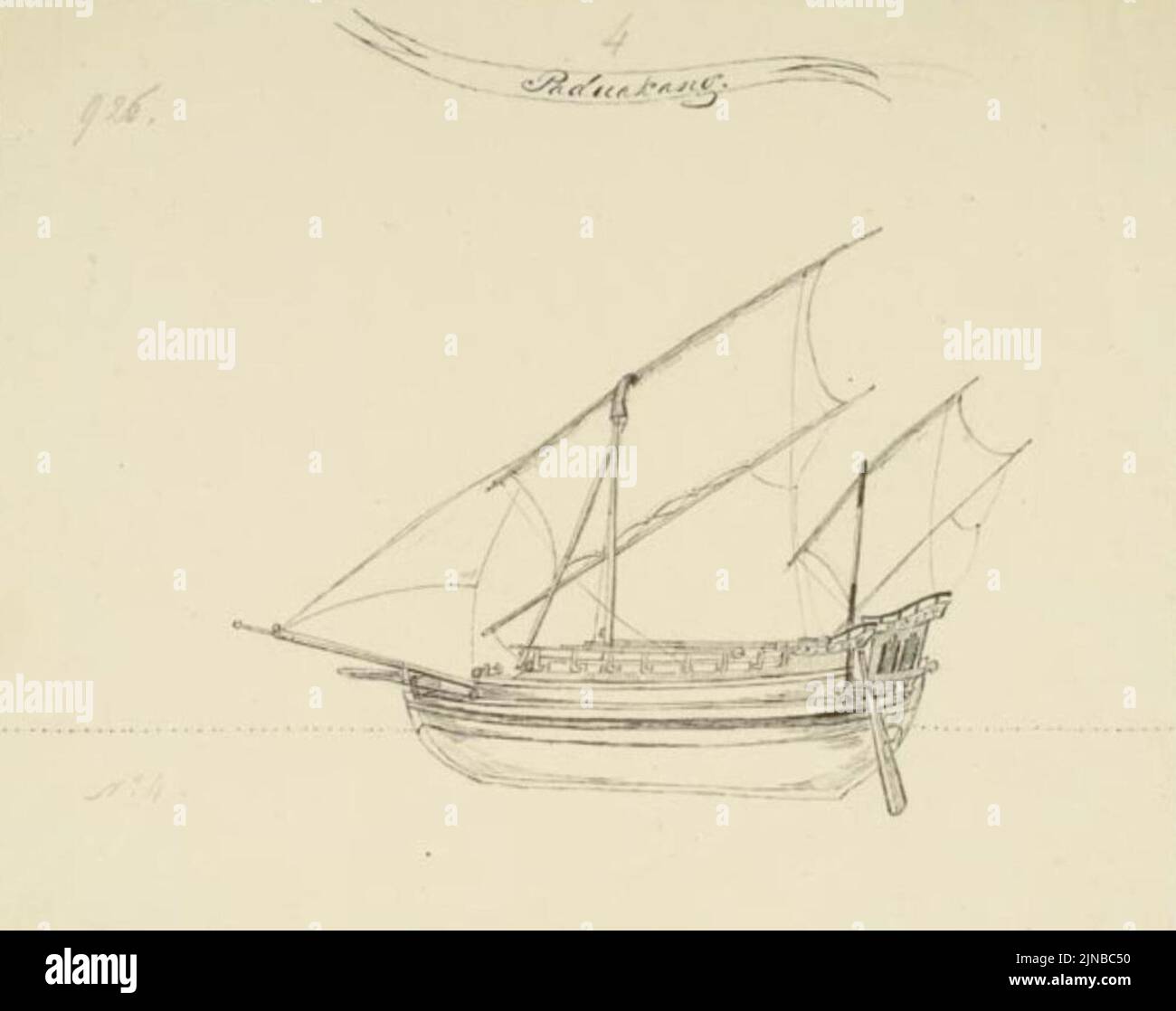 Tekening van een inlands vaartuig uit de Oostindische Archipel een ...