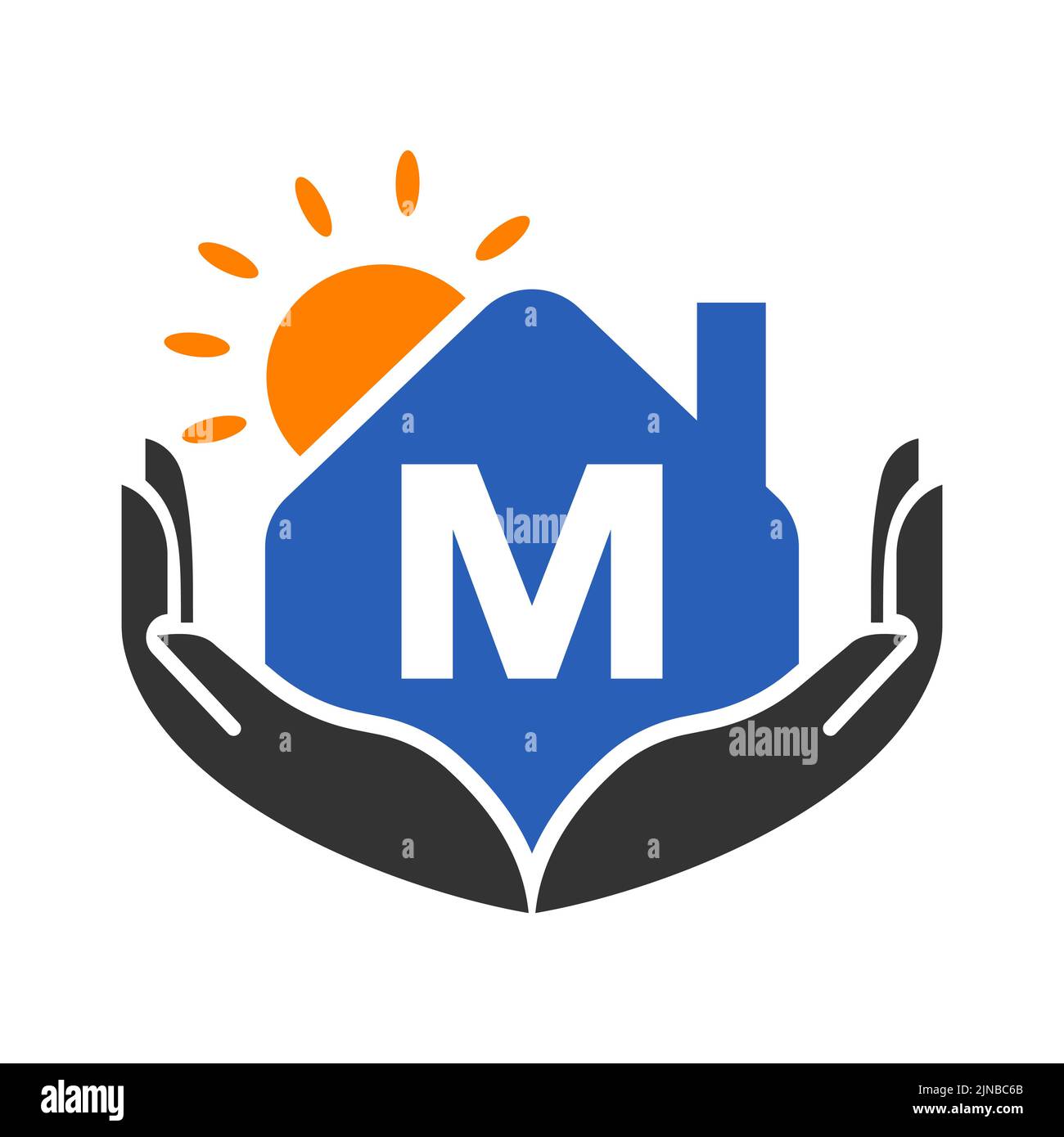 Real Estate Logo On Letter M Sign, Concept with Sun, House and Hand ...