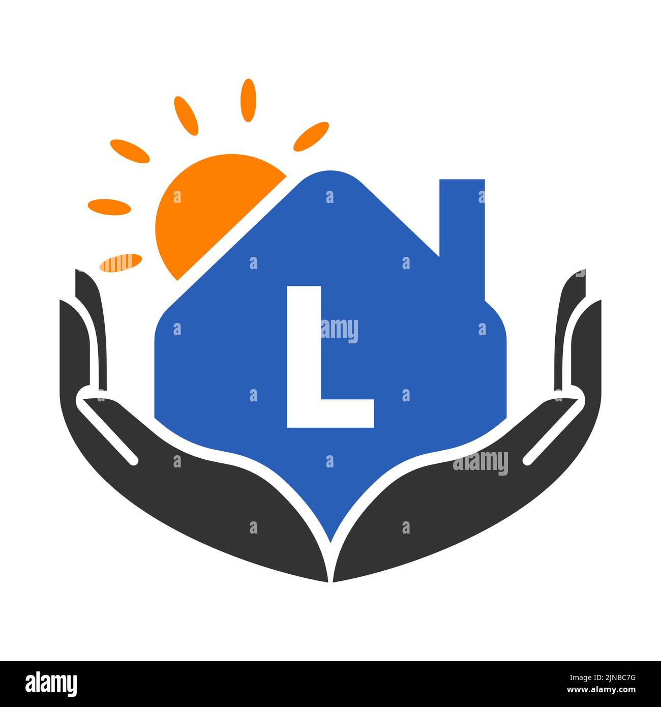 Real Estate Logo On Letter L Sign, Concept with Sun, House and Hand ...