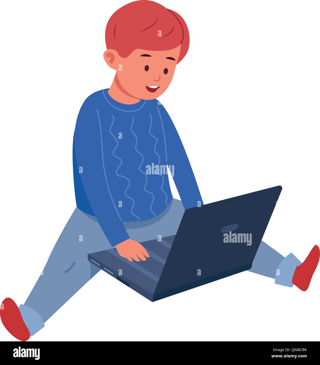 Boy using laptop. Kid sitting on floor with computer isolated on white ...