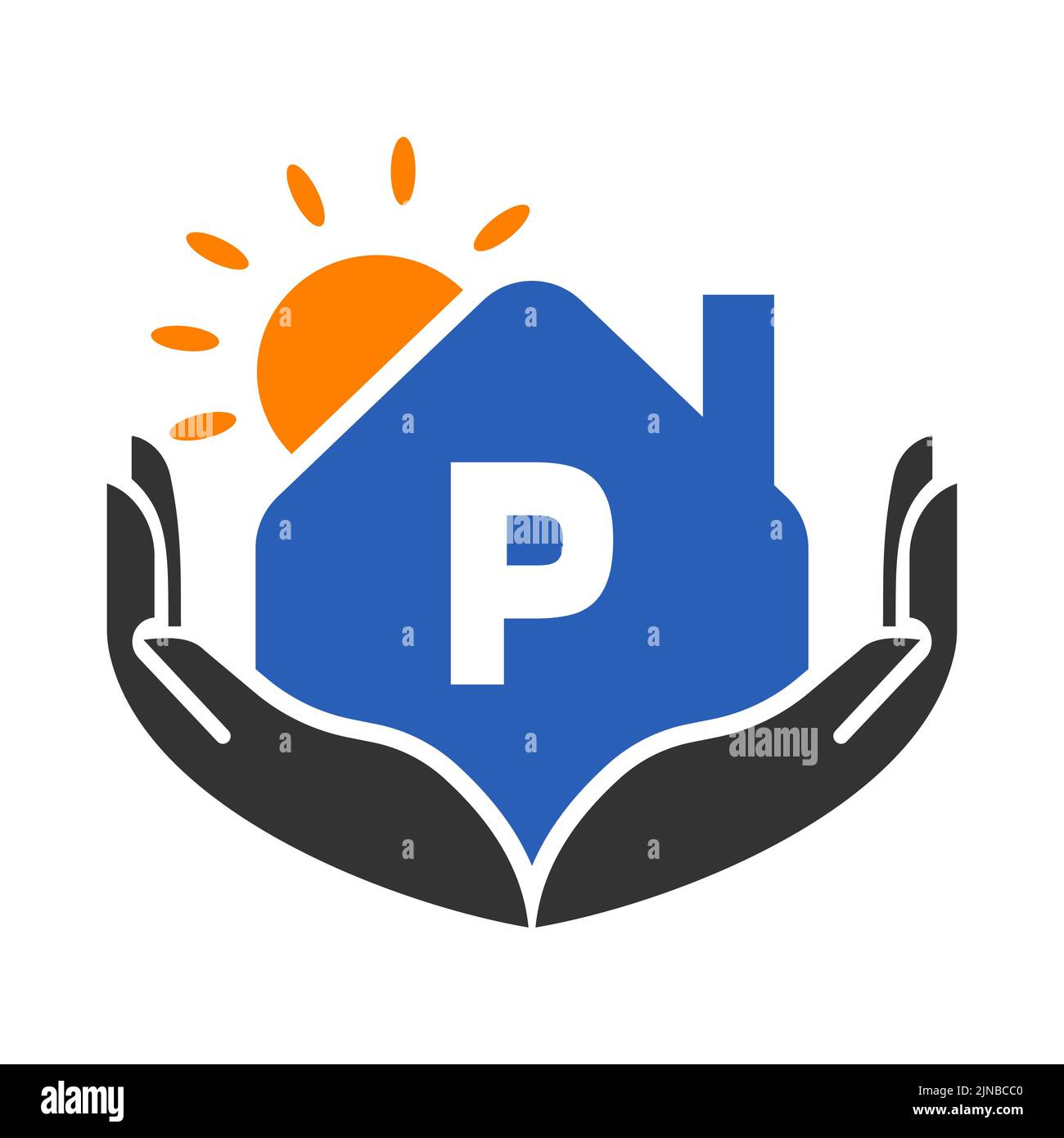 Real Estate Logo On Letter P Sign, Concept with Sun, House and Hand ...