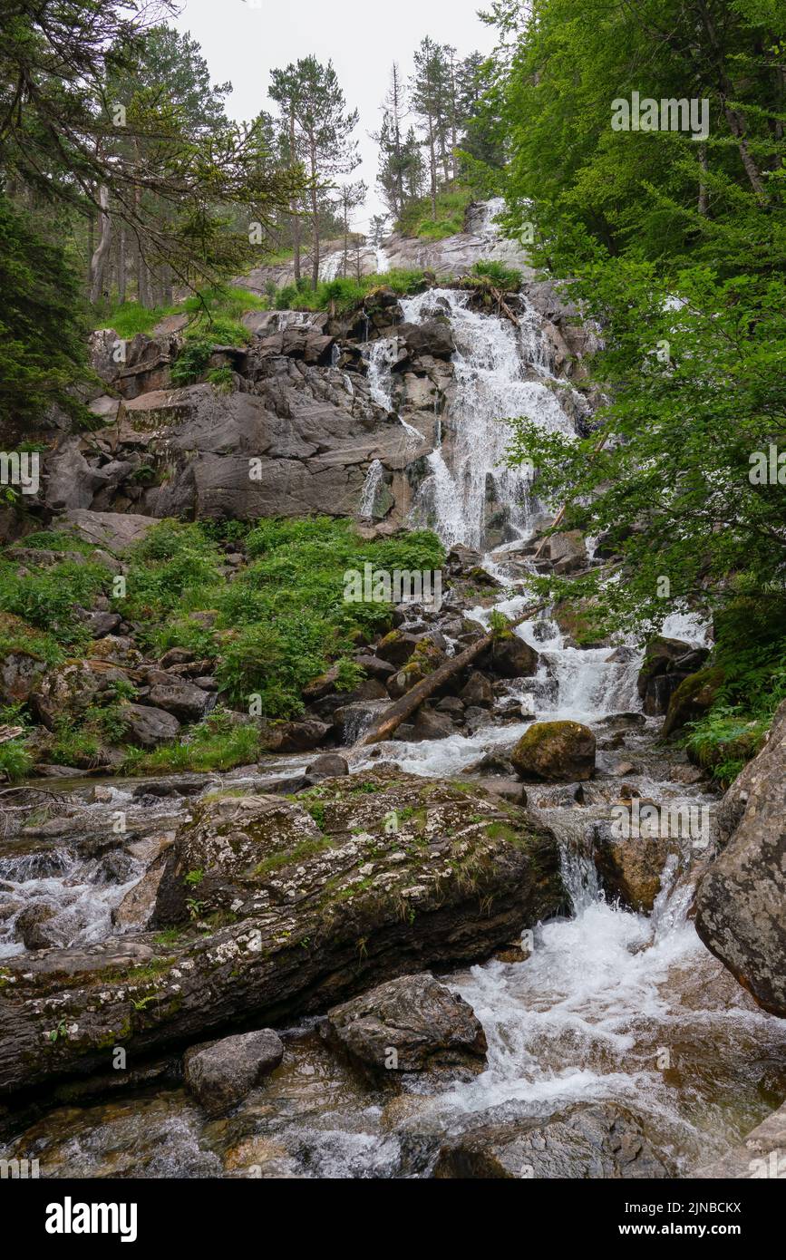 a large teired woodland waterfall, white water crashing over boulders ...