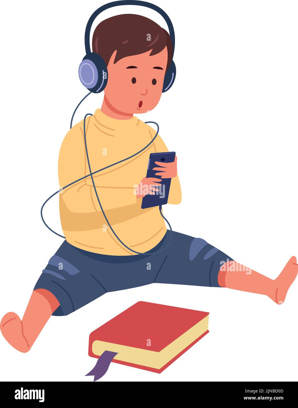 Boy listen music instead of reading. Modern kid gadget addiction ...