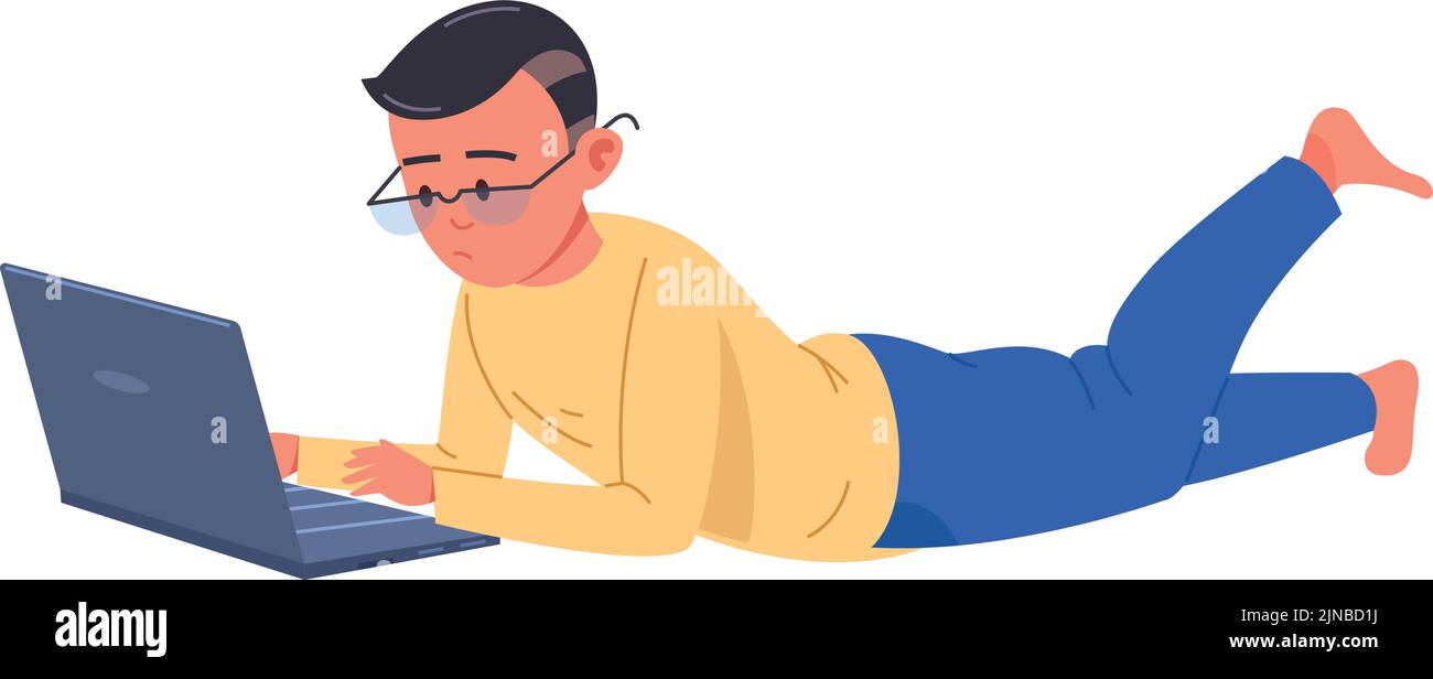 Boy in glasses laying on floor with laptop. Smart kid using computer ...