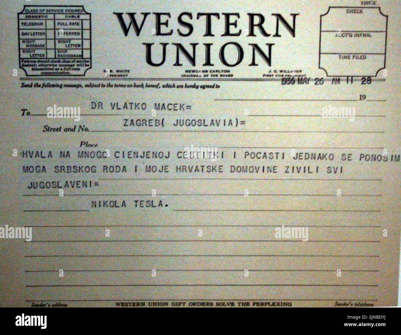 Telegram Tesla Macek 0108 Stock Photo - Alamy