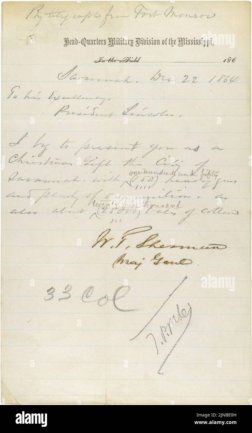 Telegram from General William T. Sherman to President Abraham Lincoln ...