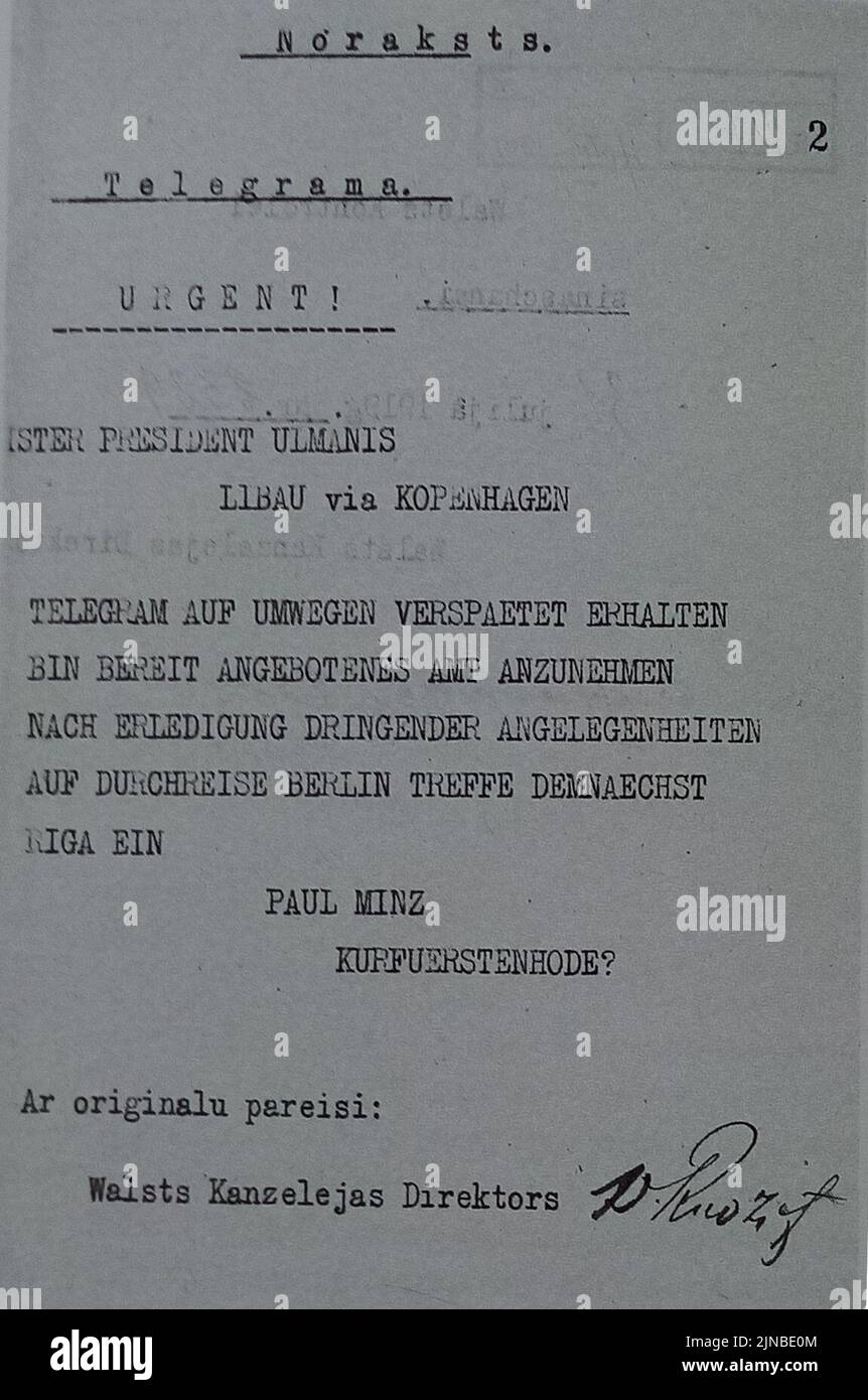 Telegramm Mintz an Ulmanis Stock Photo - Alamy