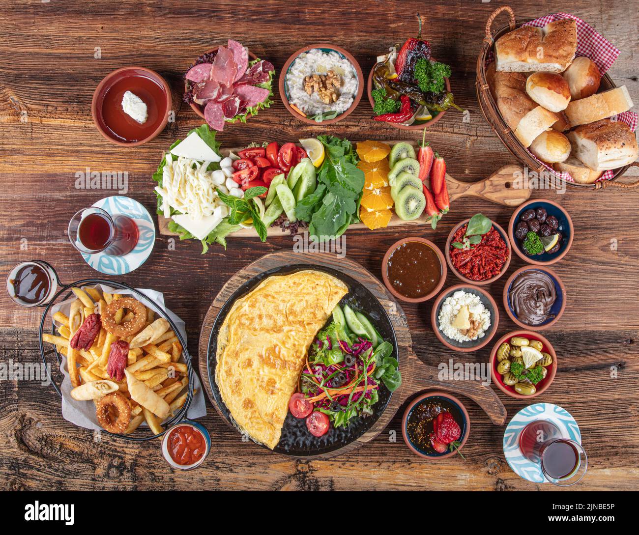 Traditional Turkish Breakfast served with traditional turkish tea on ...