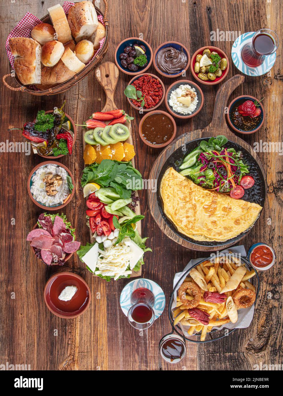 Traditional Turkish Breakfast served with traditional turkish tea on ...