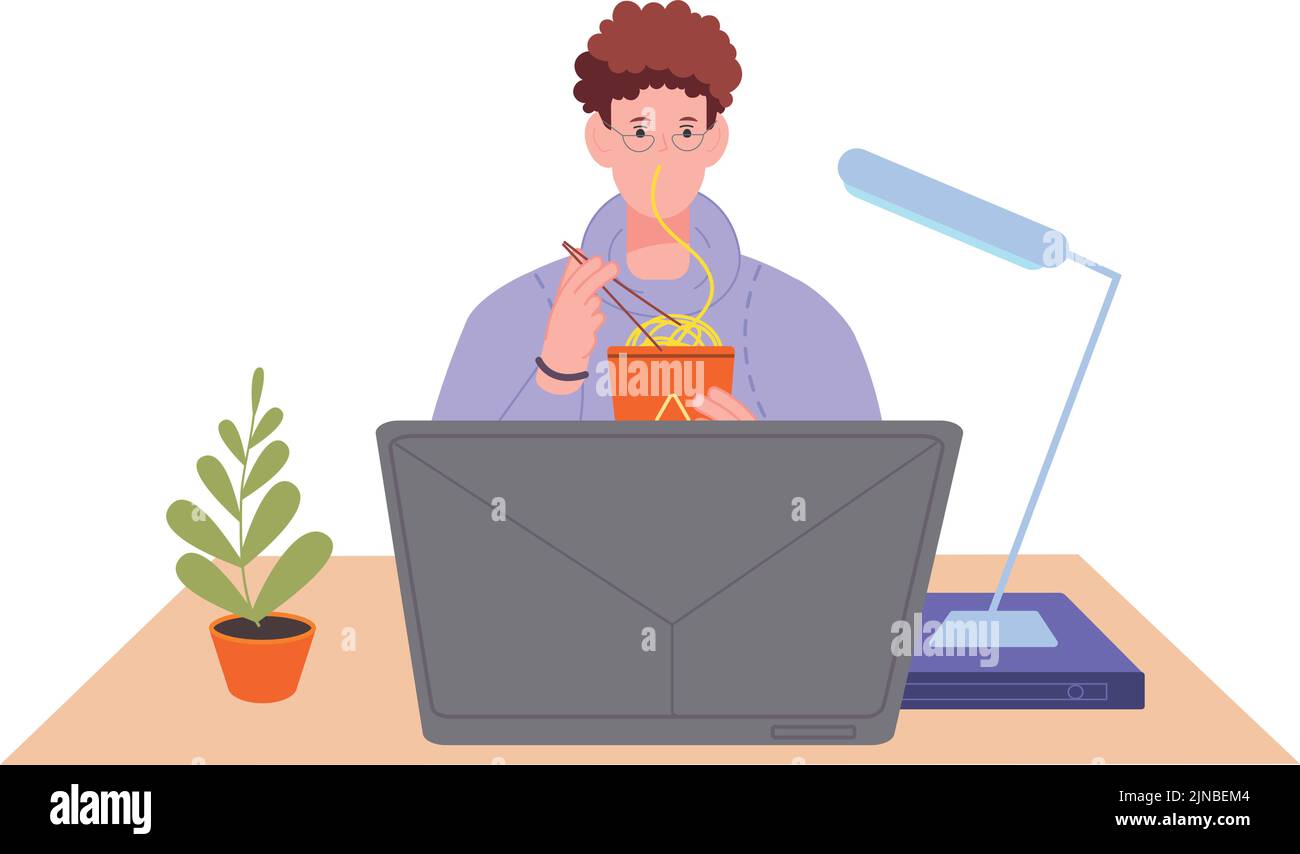 Meal break in office. Man eats lunch at workplace isolated on white ...