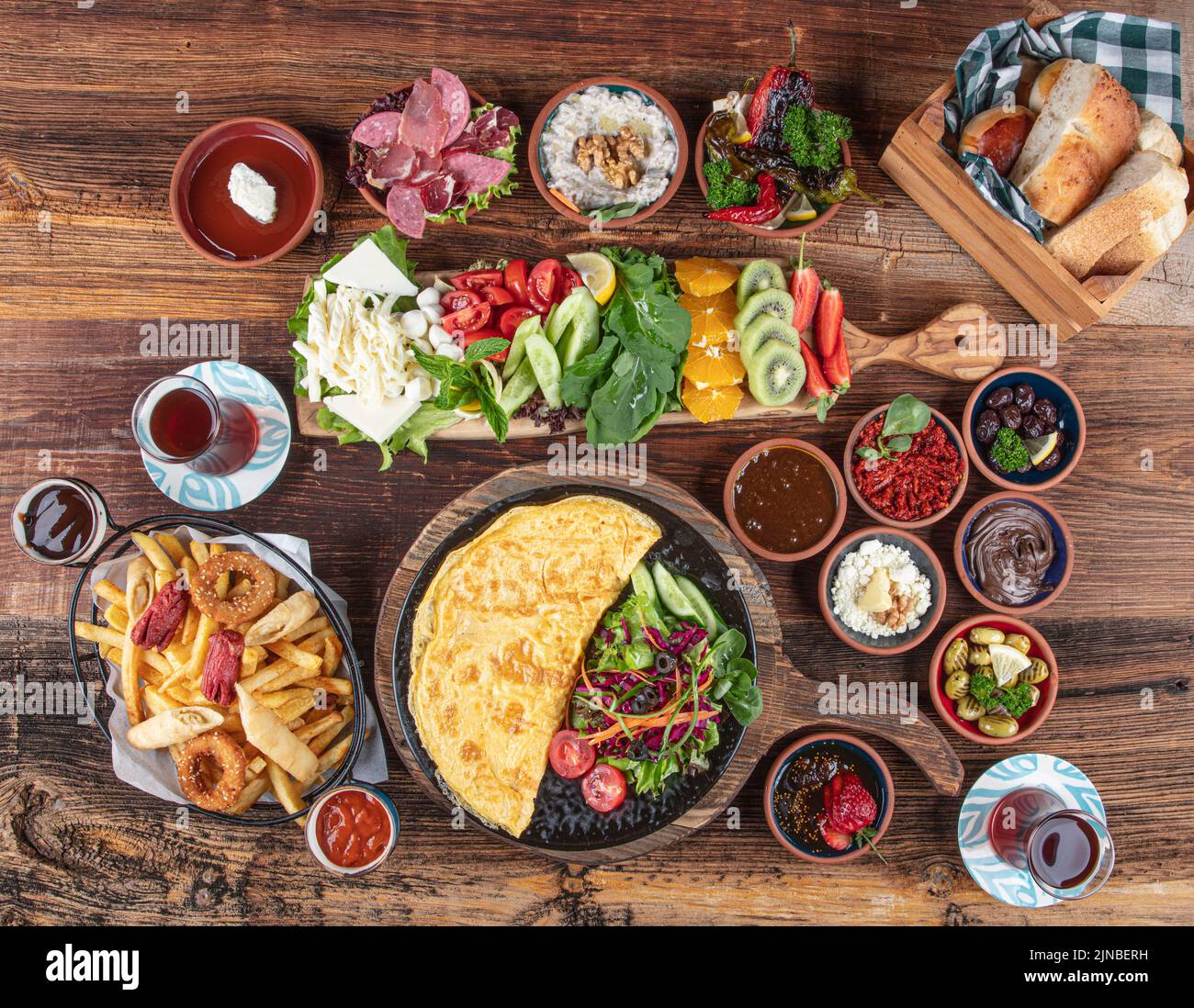 Traditional Turkish Breakfast served with traditional turkish tea on ...