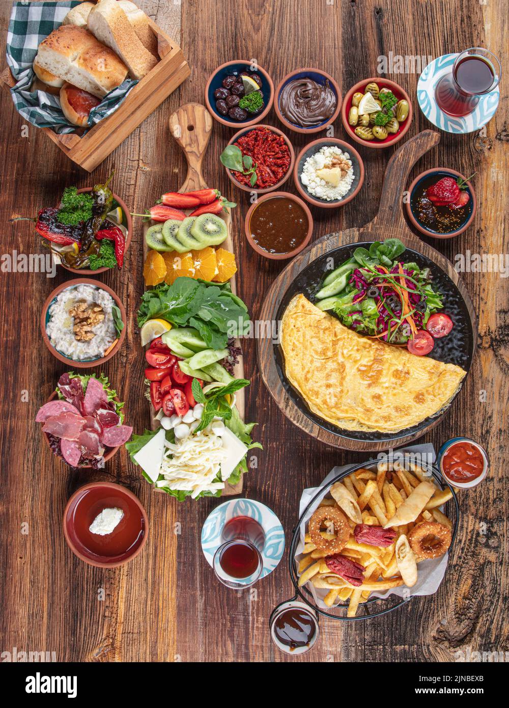 Traditional Turkish Breakfast served with traditional turkish tea on ...