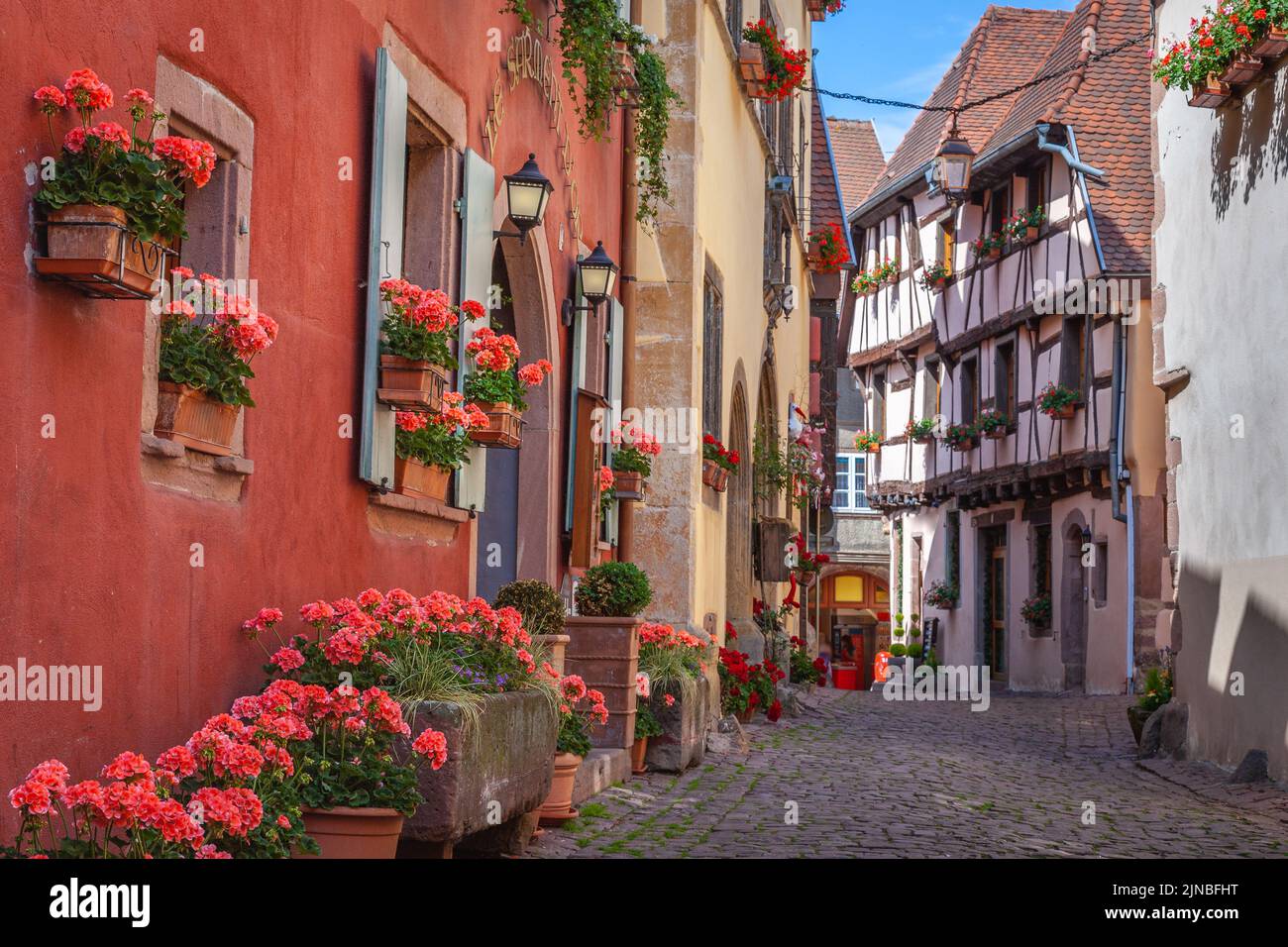 Riquewihr alsatian architecture at springtime with flowers, Eastern ...