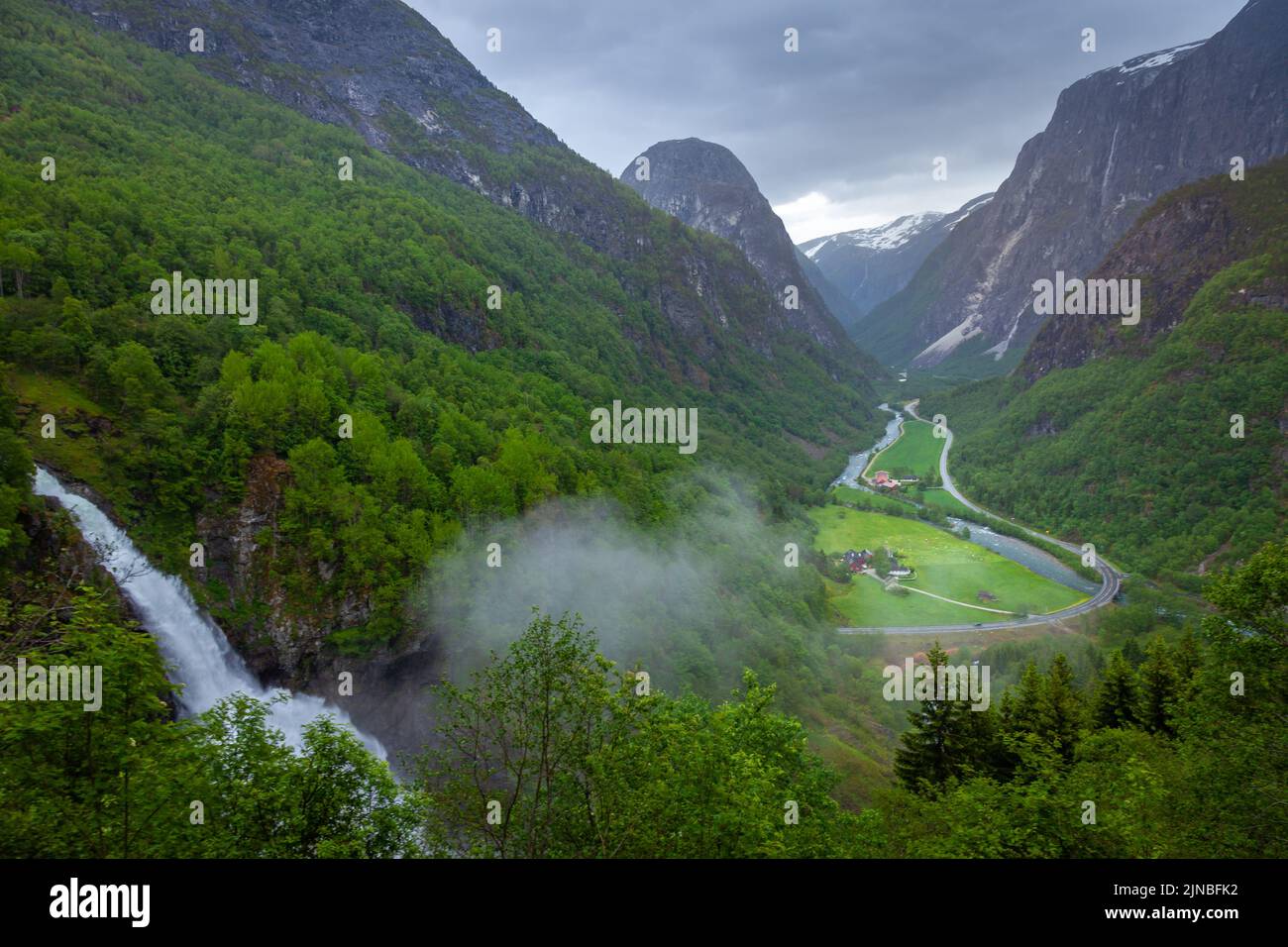 Misty Naeroy Valley in south western Norway with waterfall, Scandinavia ...