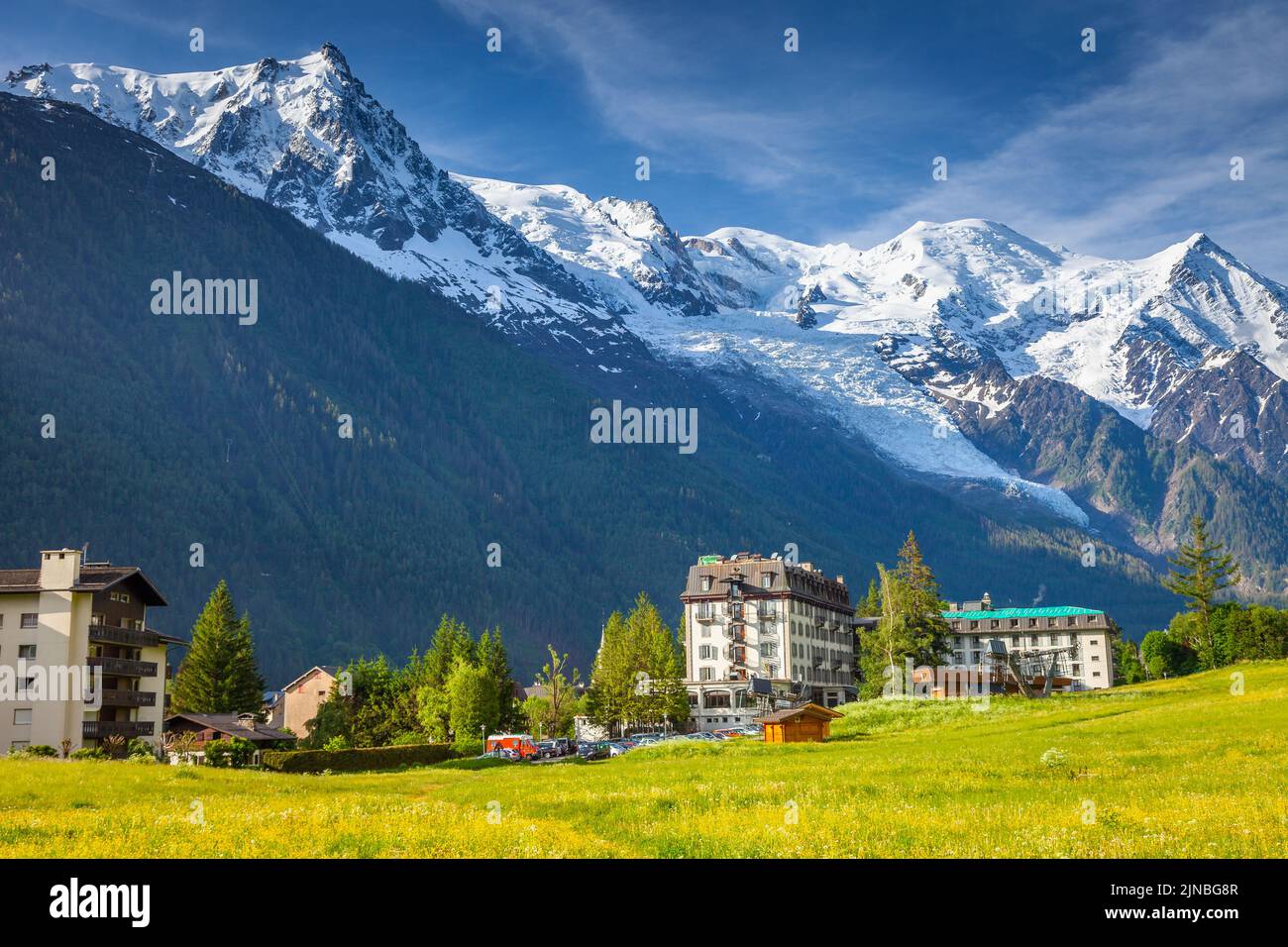 Chamonix village and Mont Blanc Massif in Haute Savoie, French Alps Stock Photo - Alamy