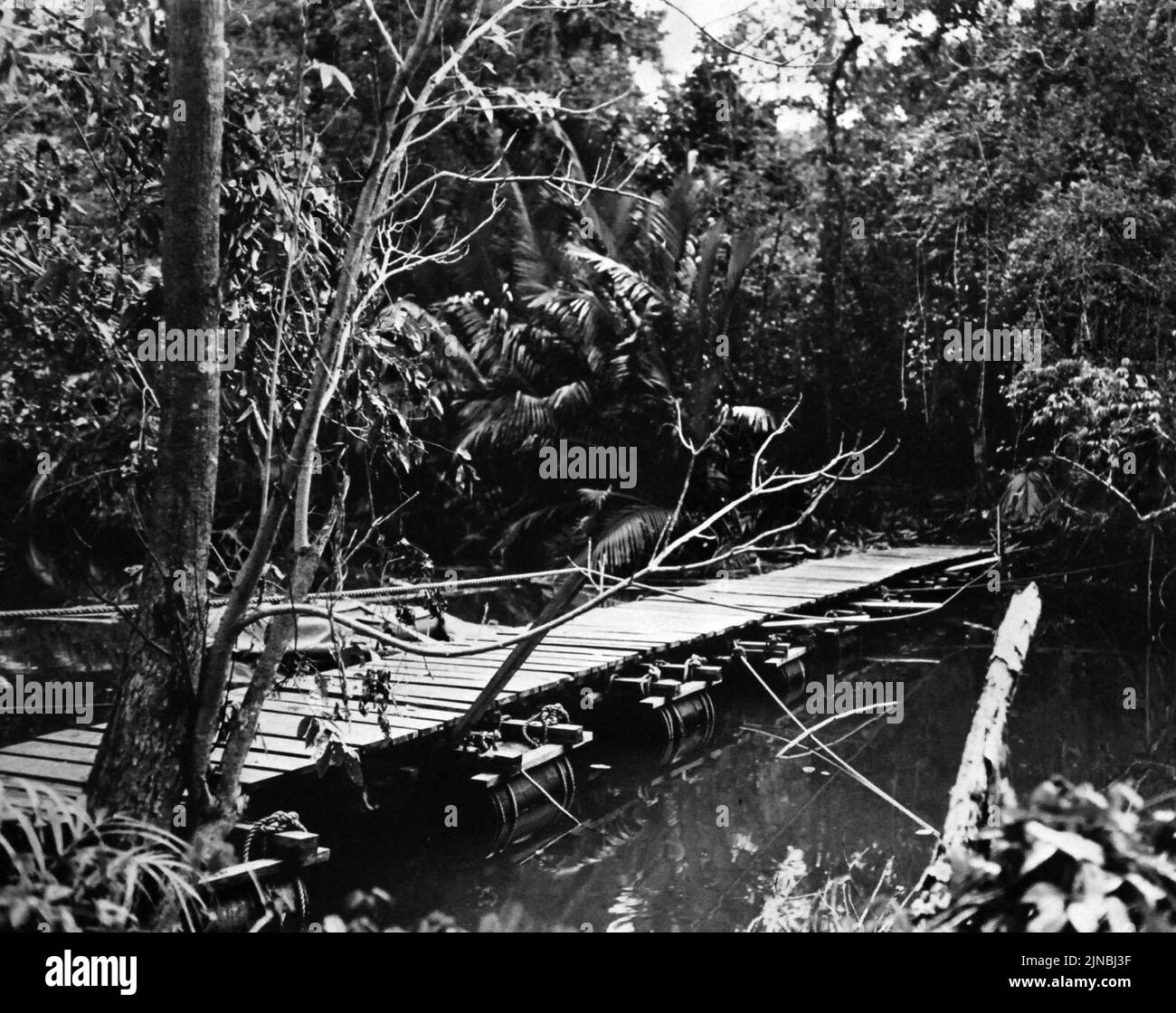 Temporary bridge across a stream on Guadalcanal, circa late 1942 Stock ...