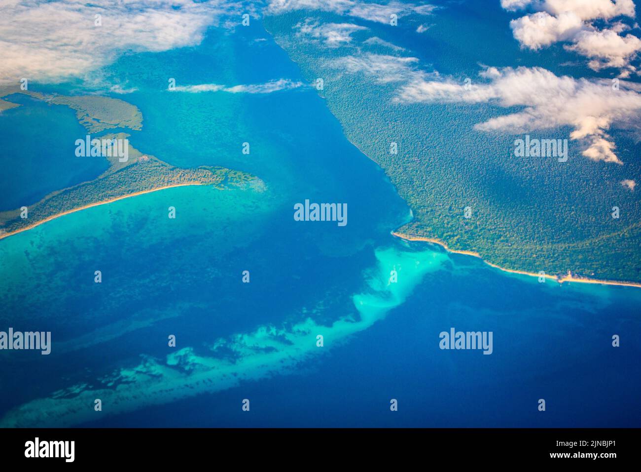 Saona Island aerial view with reefs and beaches, Dominican Republic ...