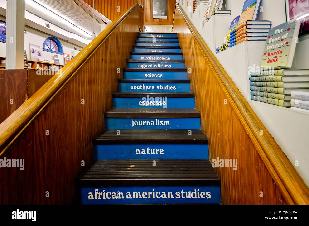 The staircase at Square Books is labeled with subjects ranging from ...