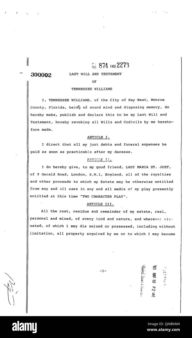 Tennessee williams will Stock Photo - Alamy