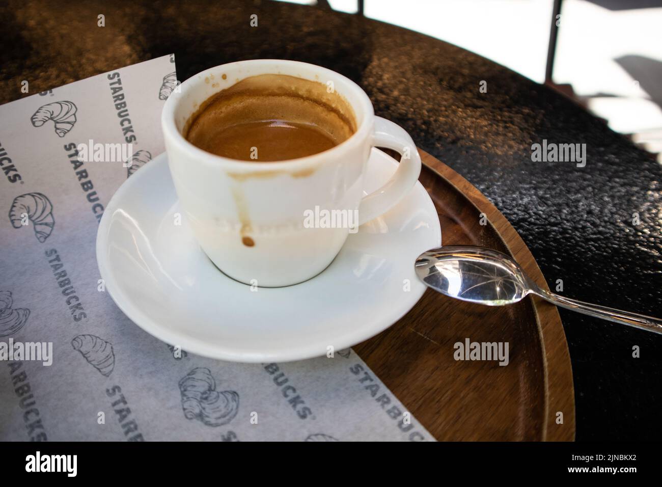 Madrid, Spain. June 1, 2022. A cup of aromatic freshly brewed coffee ...