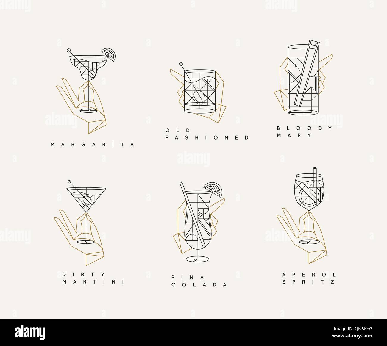 Set of hand holding drink glasses margarita, old fashioned, bloody mary ...