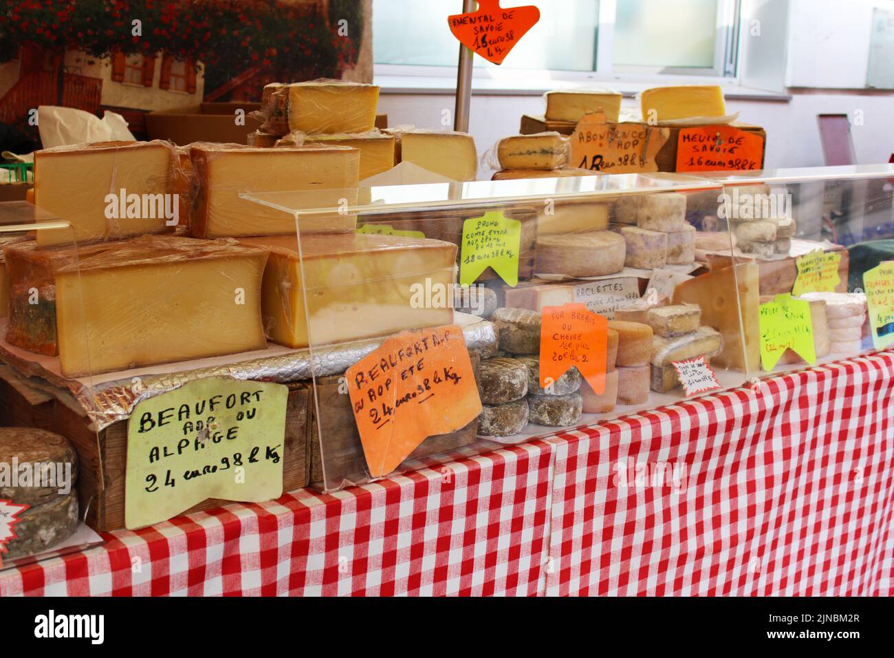 Traditional French cheese stall on the food market in France Stock ...