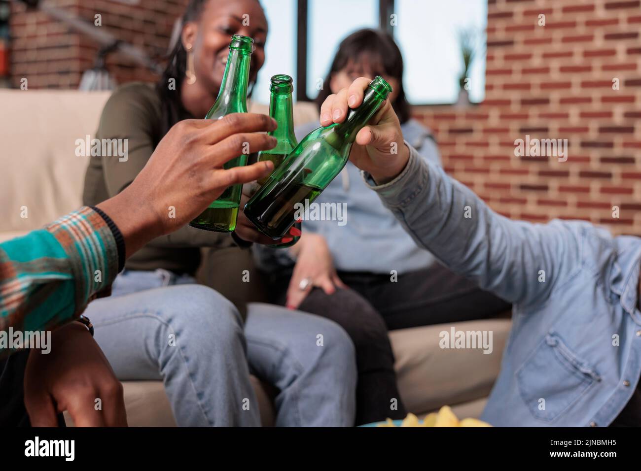 Multiethnic group of friends clinking bottles of beer at home, saying ...