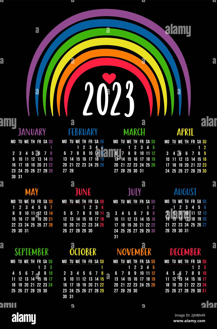 Calendar 2023 with LGBTQ Symbol with rainbow. LGBT flag Rainbow colors ...