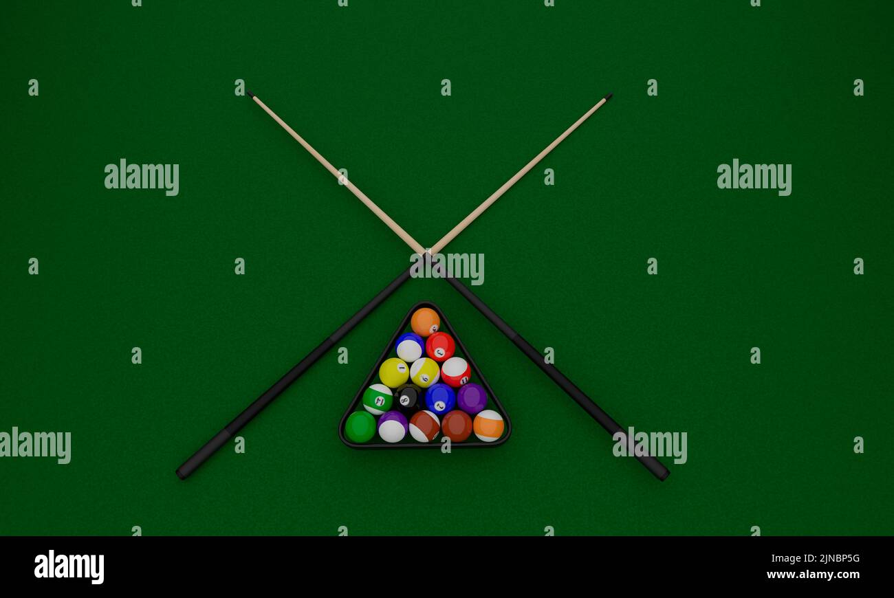 A 3D illustration of a green pool table with billiard cue sticks and ...