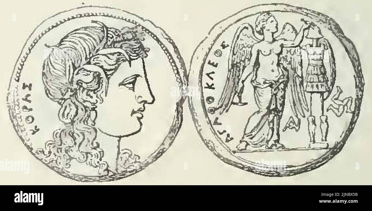 Tetradrachmon, Agathokles, Nike nagelt einen Helm an ein Tropaion Stock ...