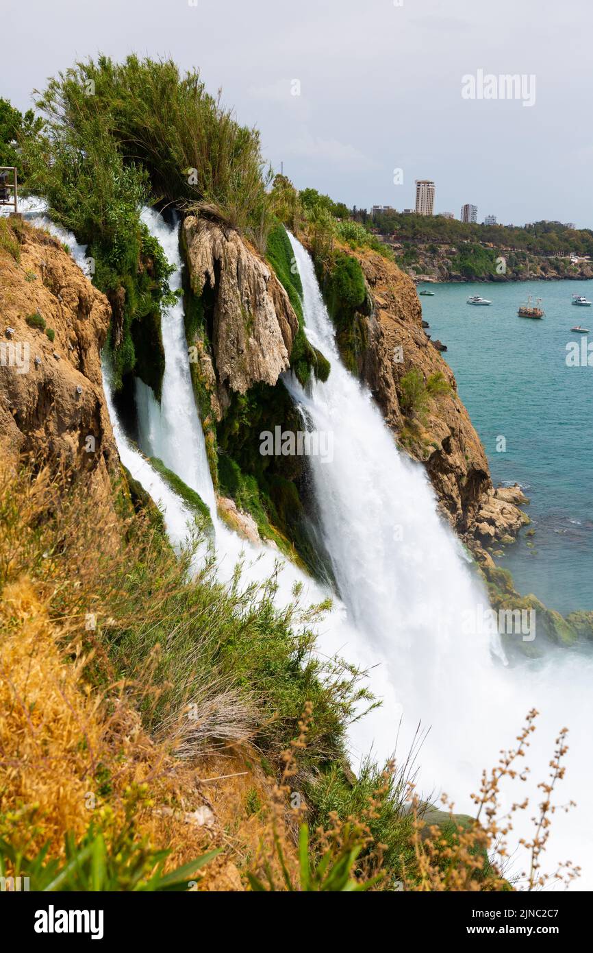 Duden lower waterfalls cascade in sea at Antalya, Turkey Stock Photo ...