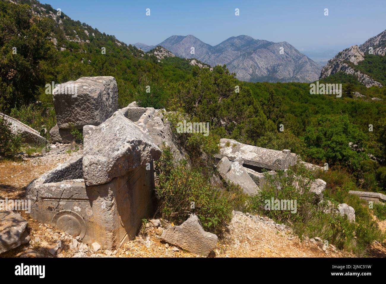 Ruins rock tombs at unique Southwest necropolis Termessos ancient city ...