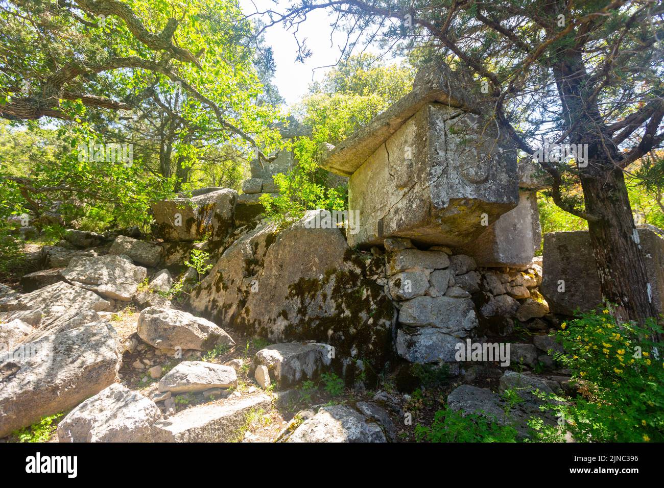 Ruins rock tombs at unique Southwest necropolis Termessos ancient city ...