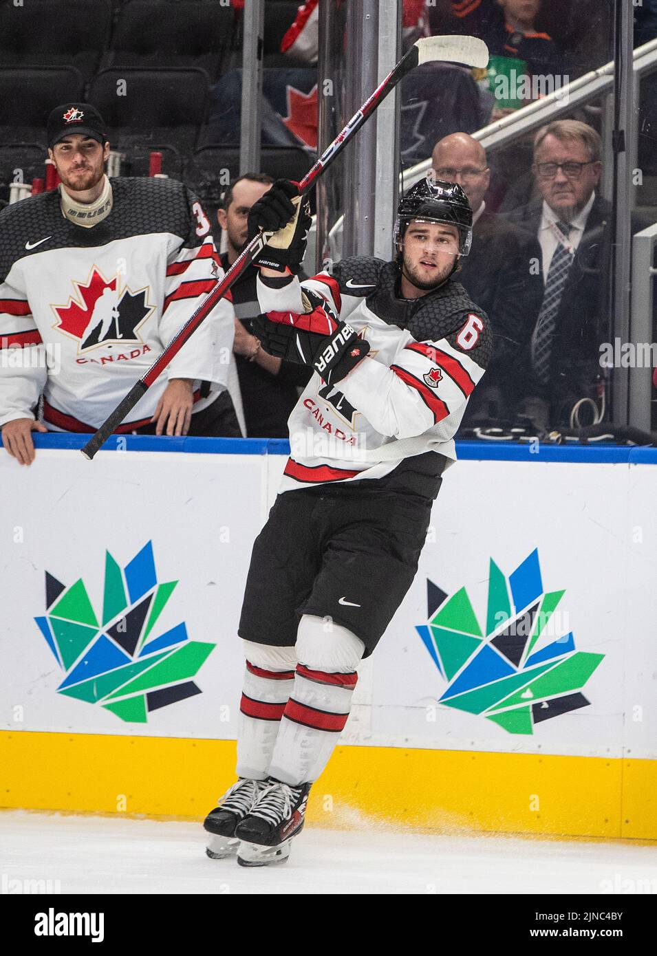 Canada's Lukas Cormier(6) celebrates a goal against Latvia during ...
