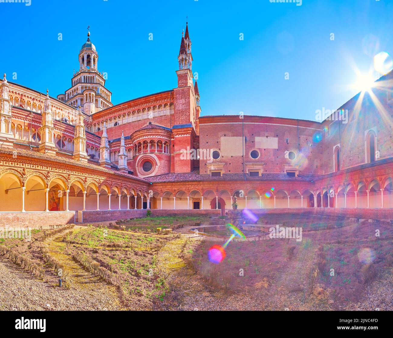 Panoramic view on the Cathedral and arcades of small cloister of ...