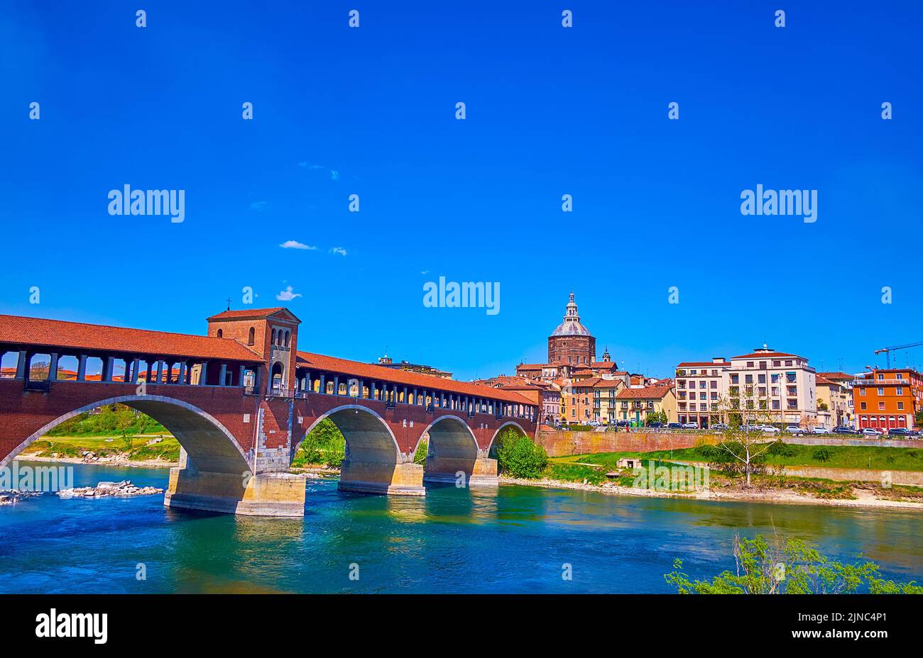 The reconstructed covered Ponte Coperto bridge across Ticino river in ...