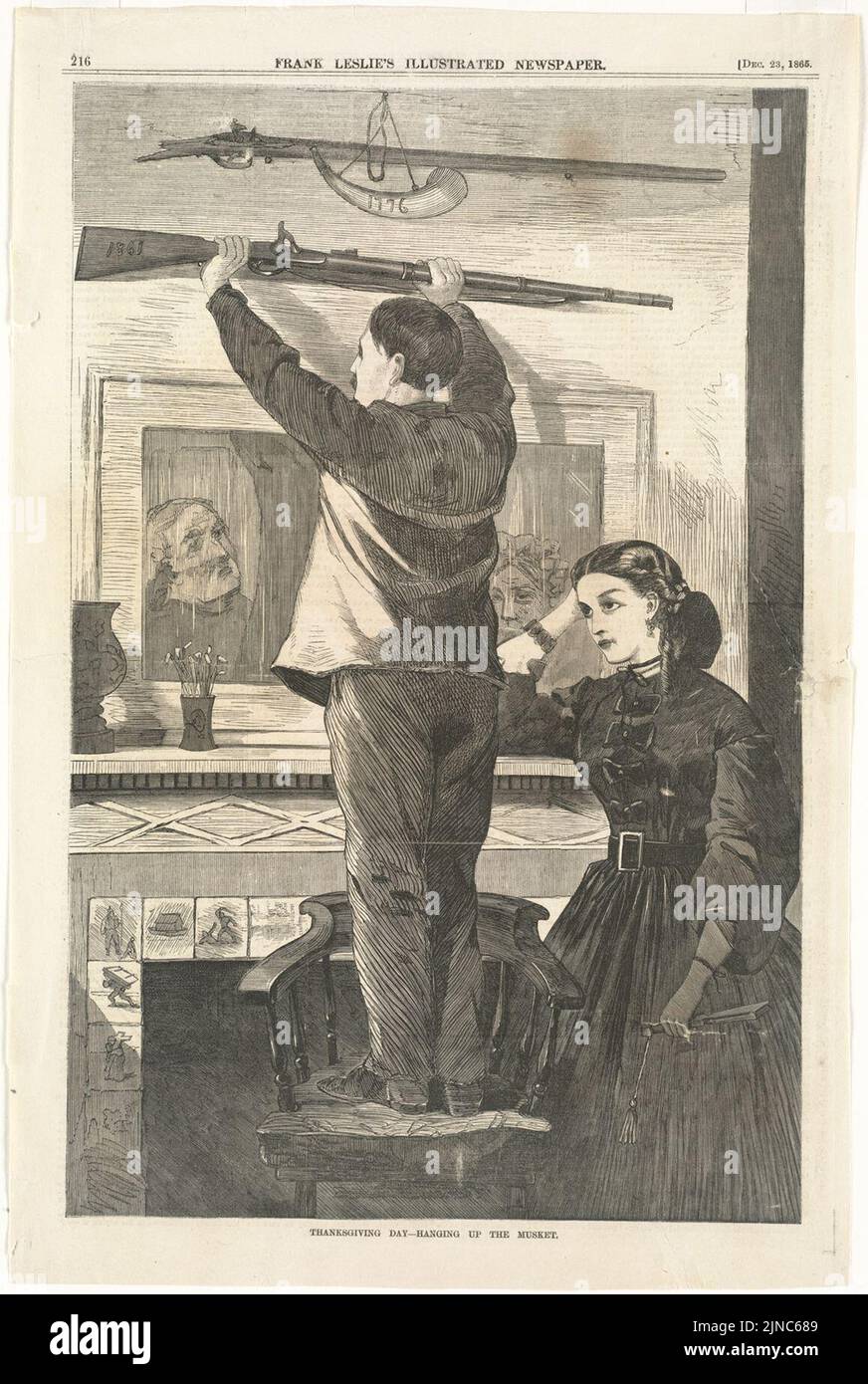 Thanksgiving Day -- Hanging up the musket Stock Photo - Alamy