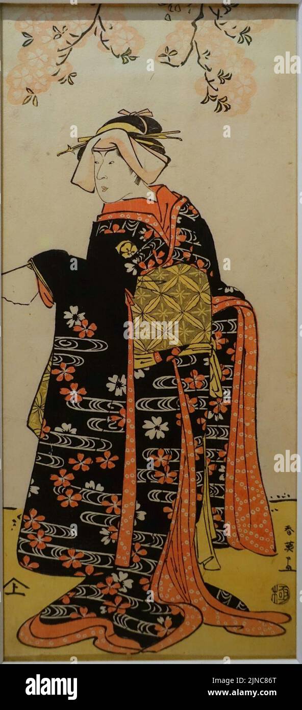 The actor Morita Kanya VIII as a woman with a fan under a cherry tree ...