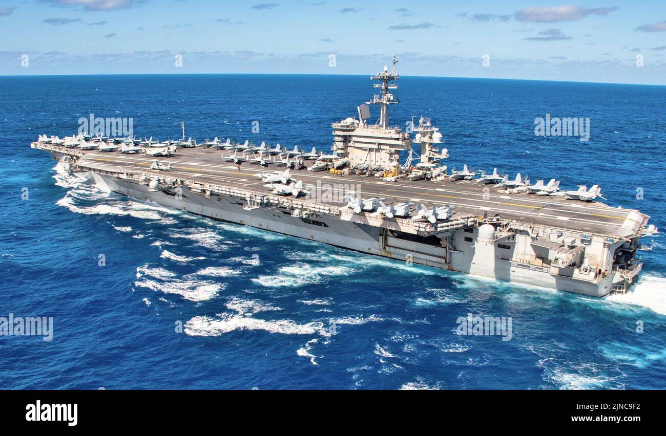 The aircraft carrier USS Theodore Roosevelt (CVN 71) transits the Pacific Ocean Jan. 25, 2020 ...