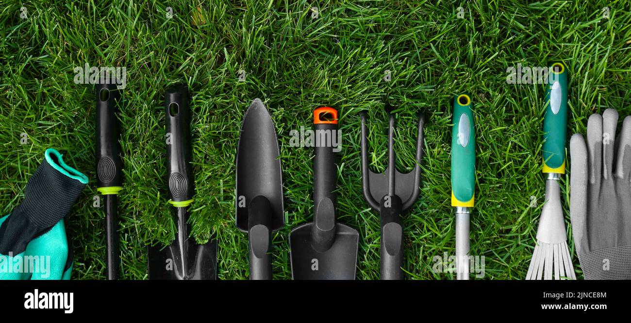 Different gardening tools on green grass outdoors, top view Stock Photo ...