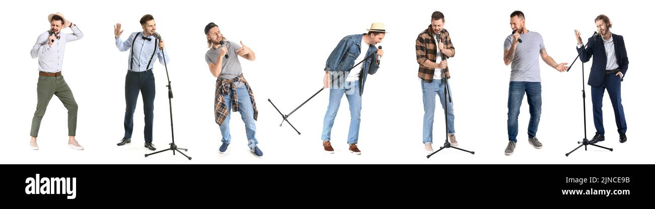 Set of handsome men singing in microphones on white background Stock ...