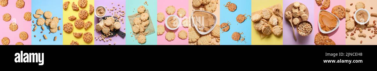 Collage of tasty cookies with peanuts and butter on color background ...