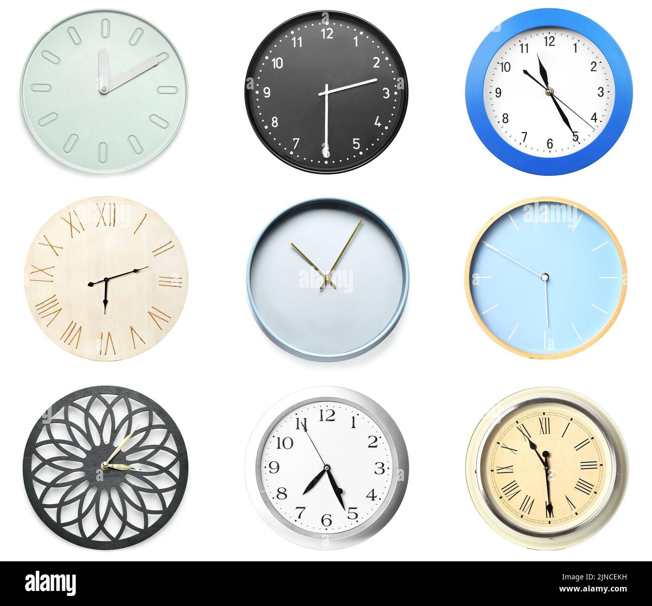 Set of different clocks on white background Stock Photo - Alamy