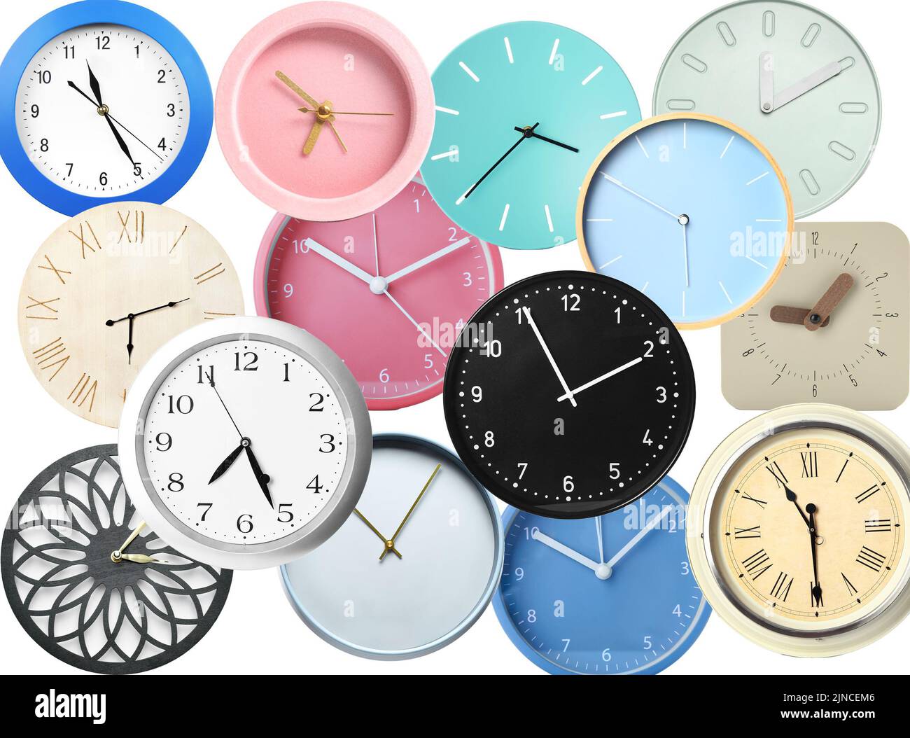 Set of different clocks on white background Stock Photo - Alamy