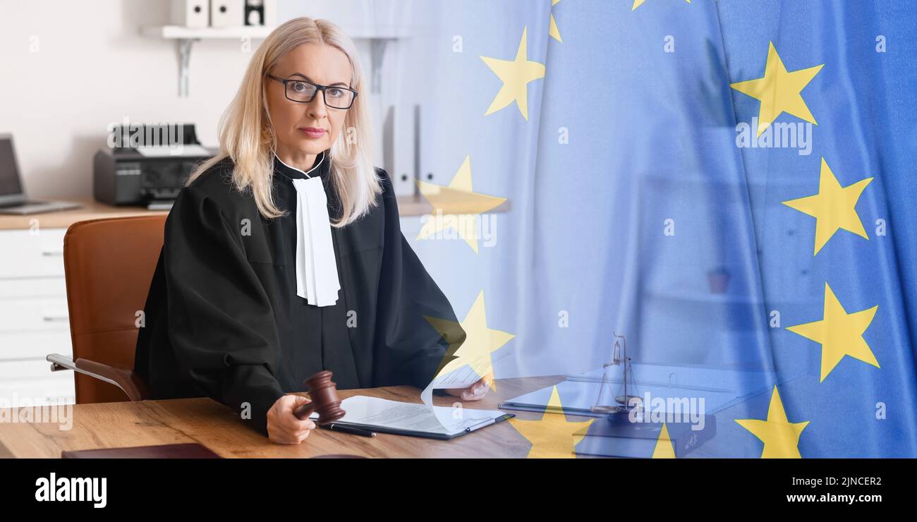 Double exposure of female judge in office and flag of European Union ...