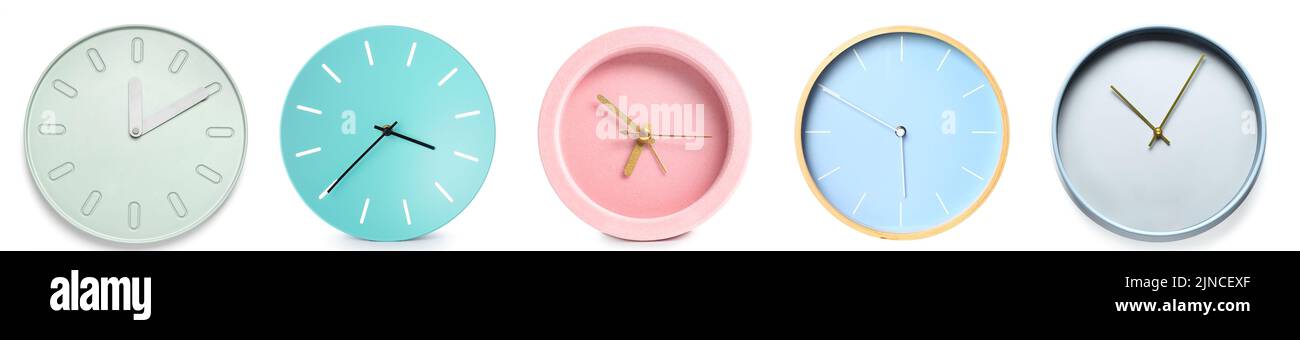 Set of different clocks on white background Stock Photo - Alamy
