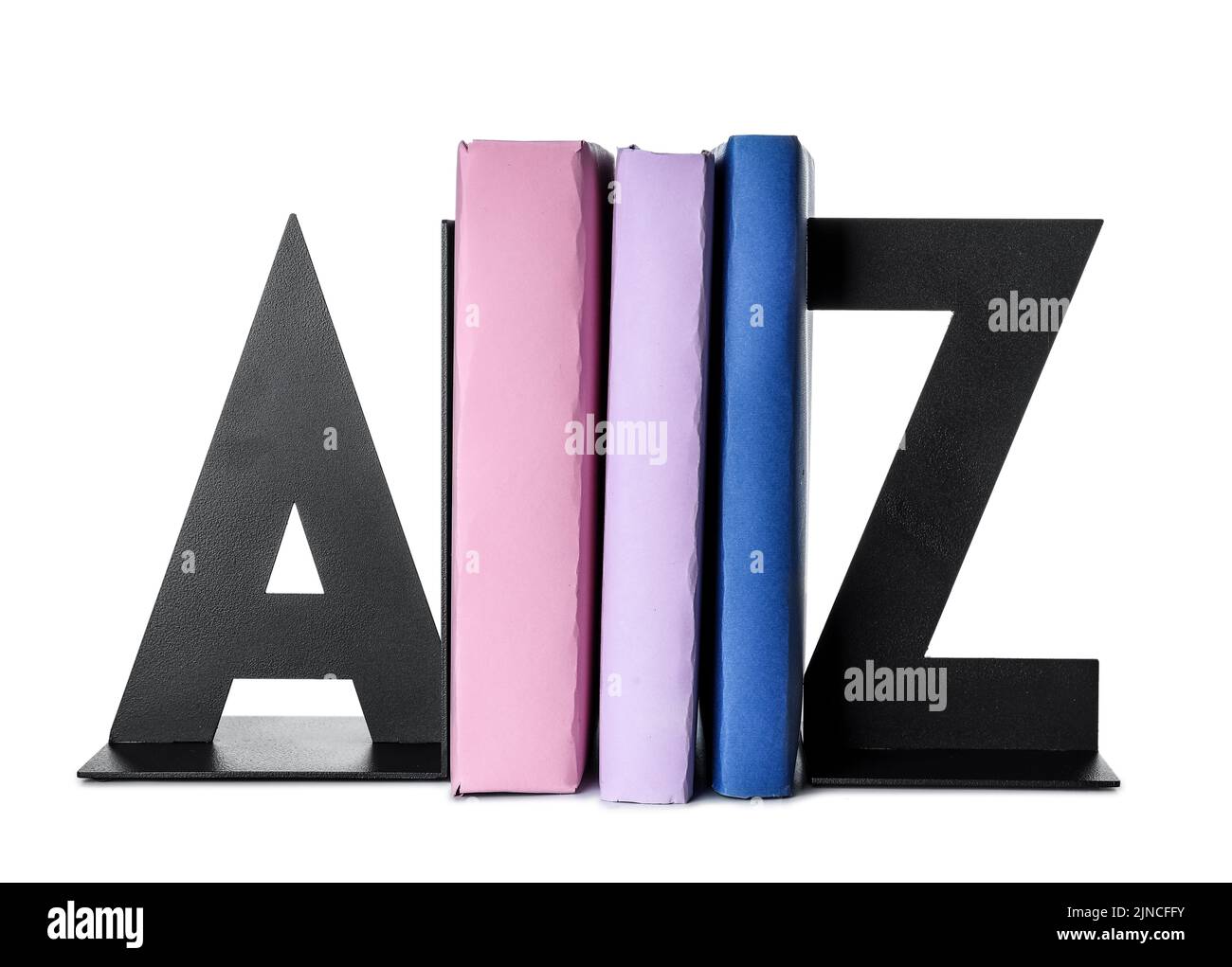 Stylish stand with books on white background Stock Photo - Alamy